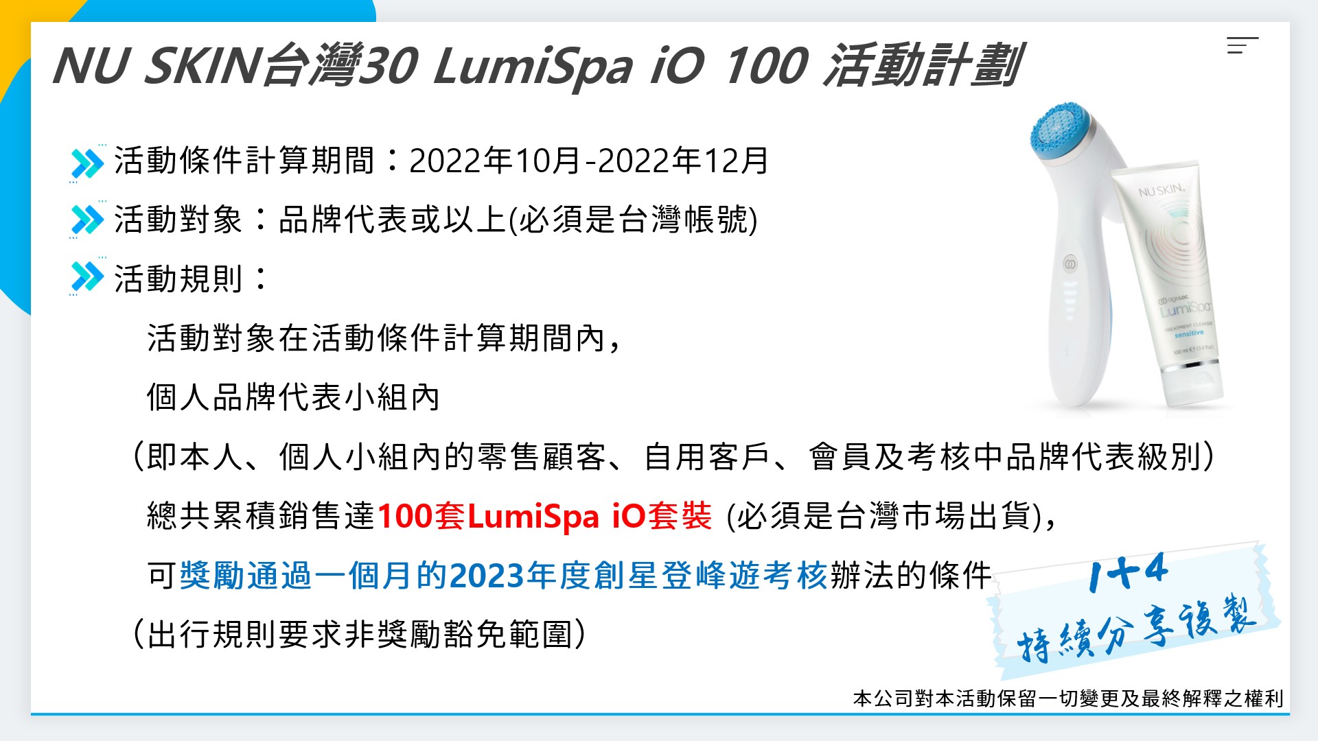 2022 NU SKIN台灣30 LUMISPA iO 100活動計劃 ｜NU SKIN 如新台灣